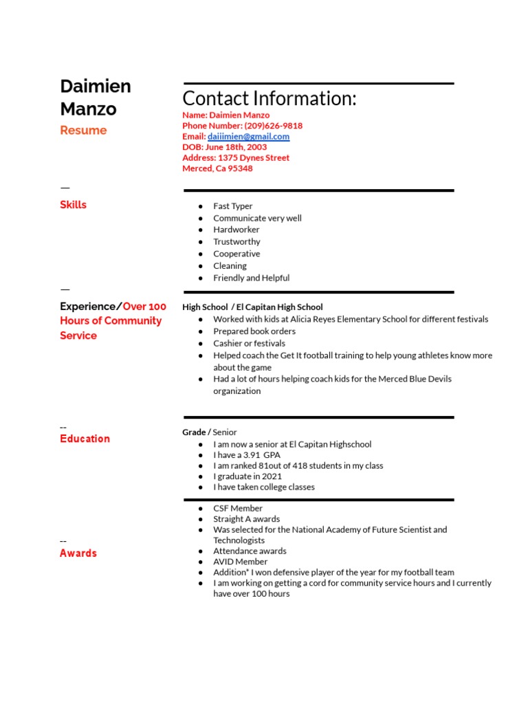 Daimien Manzo's Resume Overview | PDF
