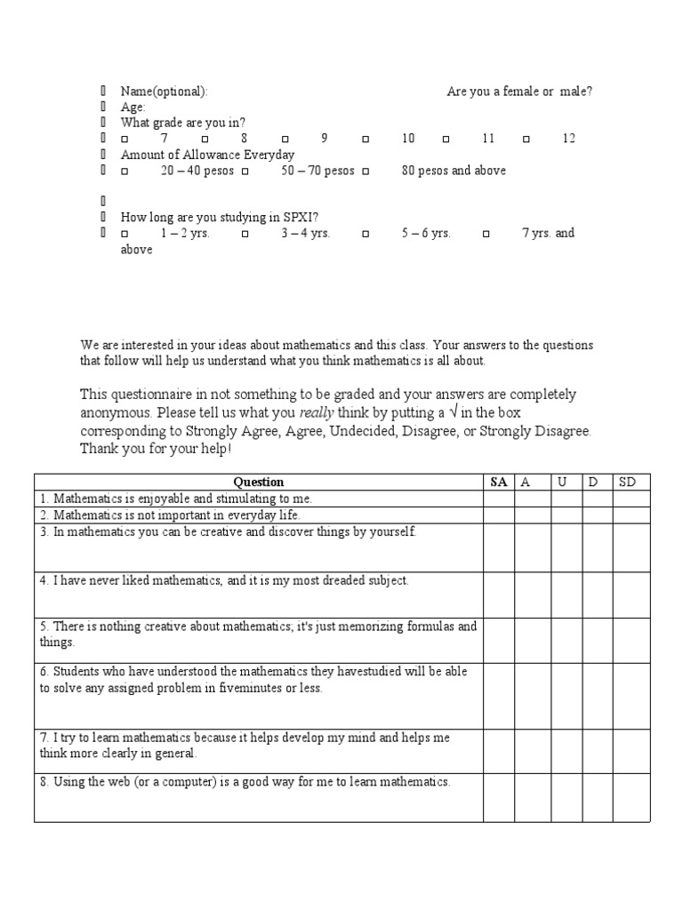 Questionnaire Math | PDF | Pedagogy | Teaching Mathematics