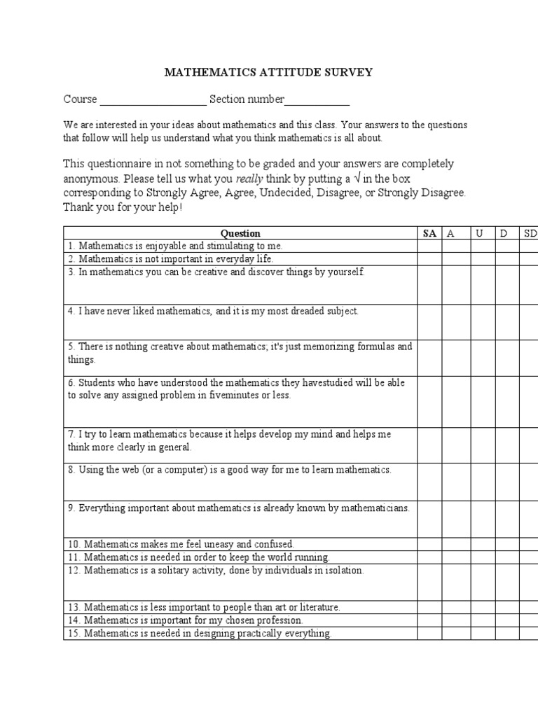 Student Mathematics Attitude Survey | PDF | Educational Psychology ...