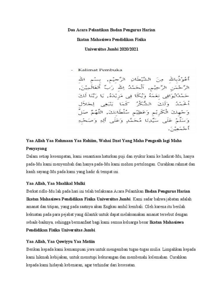 Doa Acara Pelantikan Badan Pengurus Harian | PDF