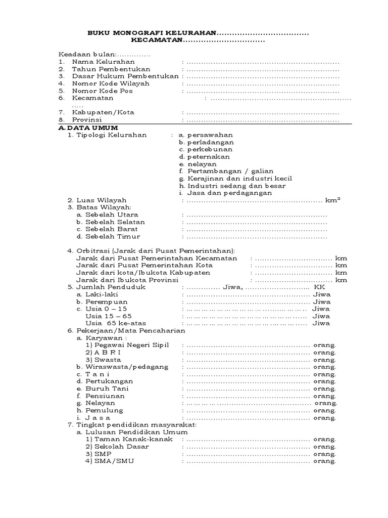 Blanko Data Monografi Kelurahan | PDF