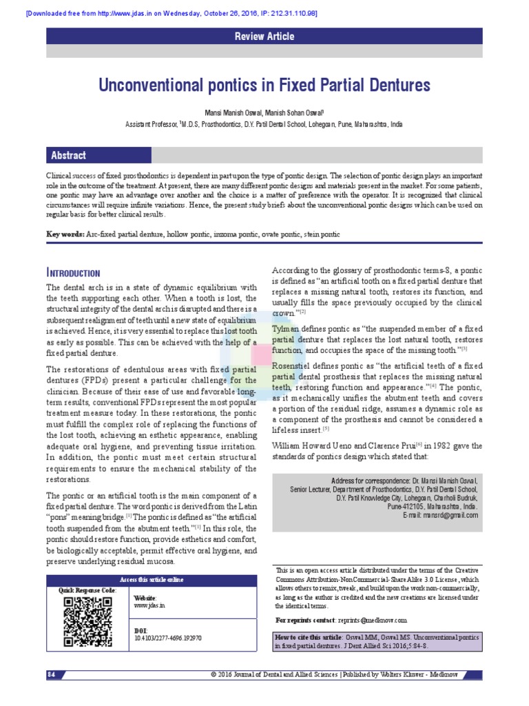 Unconventional Pontics in Fixed Partial Dentures | PDF | Dentures | Mouth