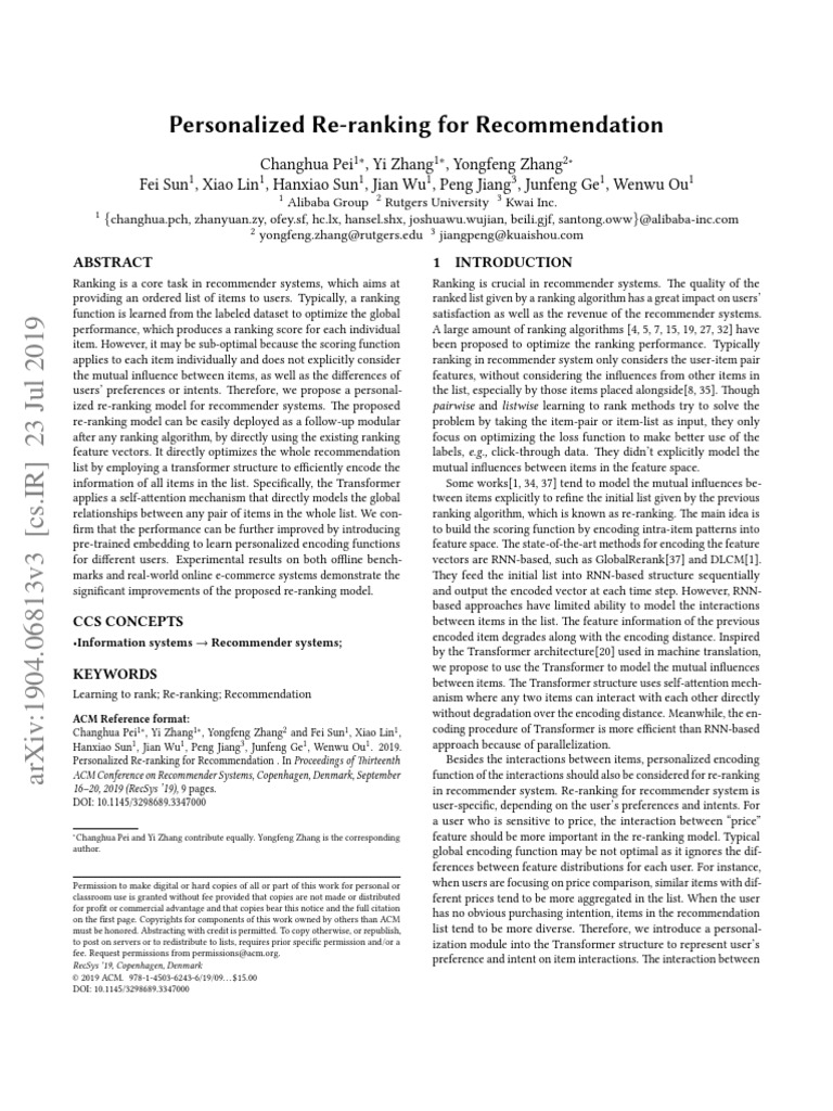 Personalized Re-Ranking For Recommendation | PDF | Cognitive Science ...