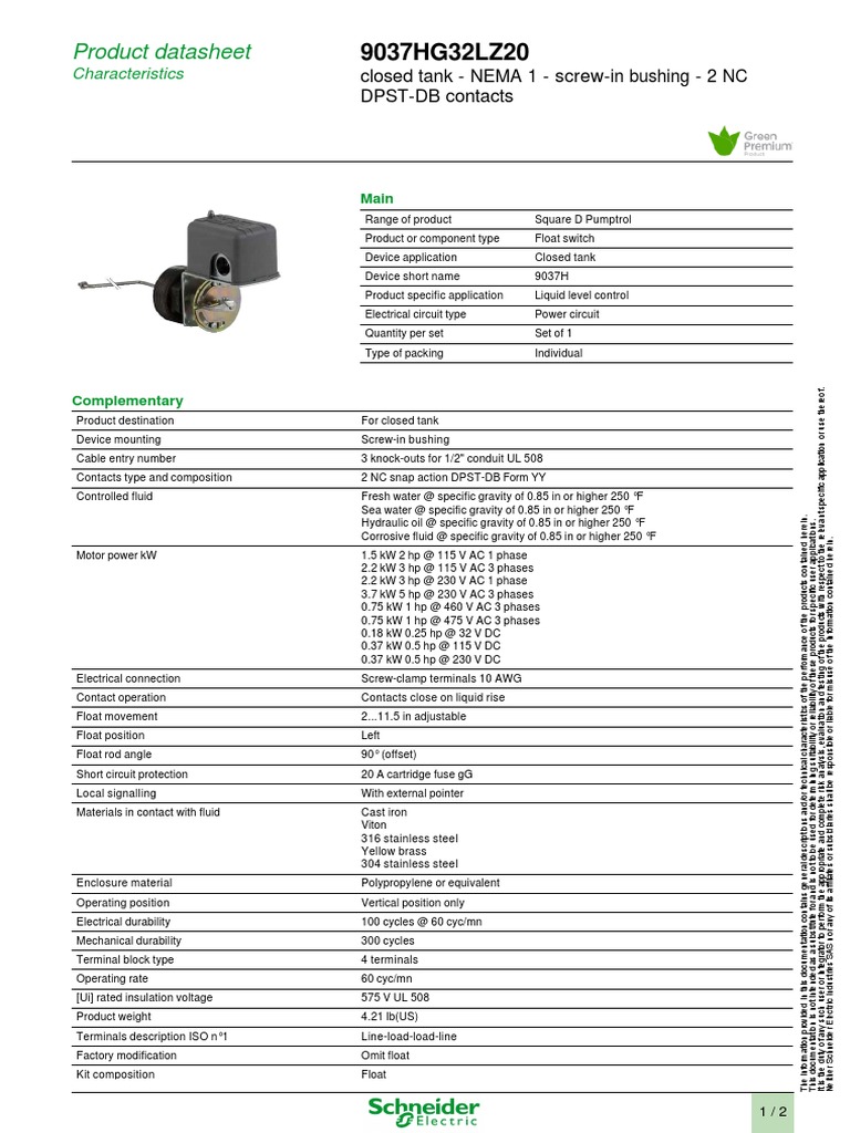 9037HG32LZ20: Product Datasheet | PDF | Switch | Fuse (Electrical)