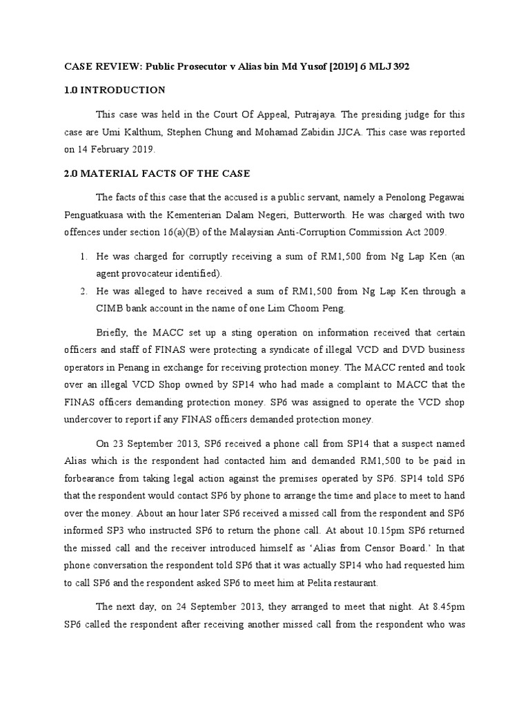 CASE REVIEW Public Prosecutor V Alias Bin MD Yusof (2019) 6 MLJ 392 ...
