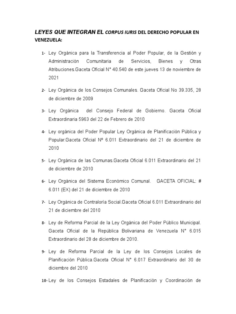 Leyes del Poder Popular en Venezuela | PDF