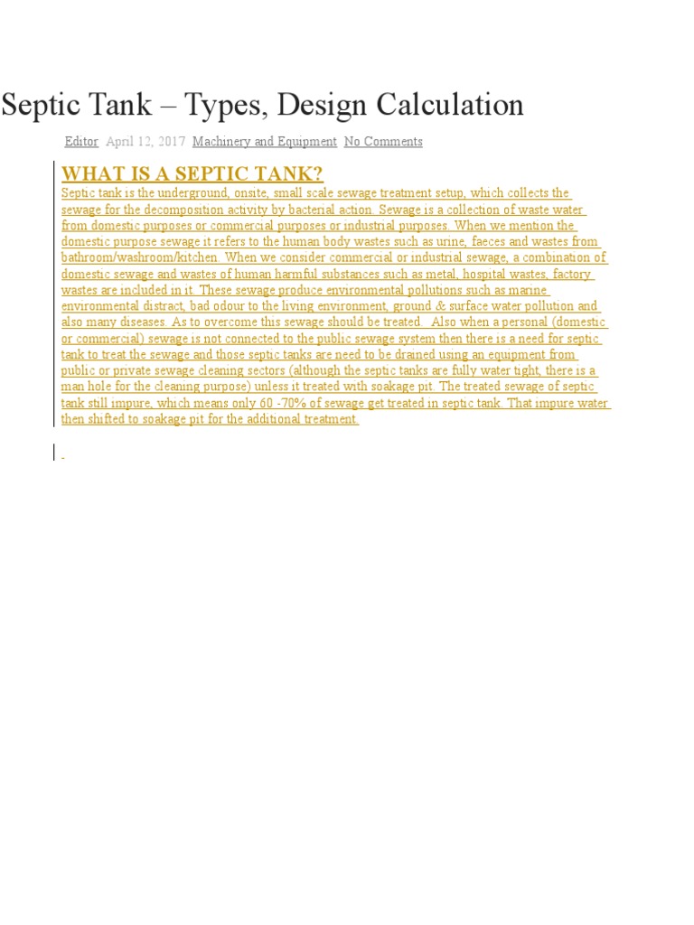 Septic Tank - Types, Design Calculation | PDF | Septic Tank | Sewage