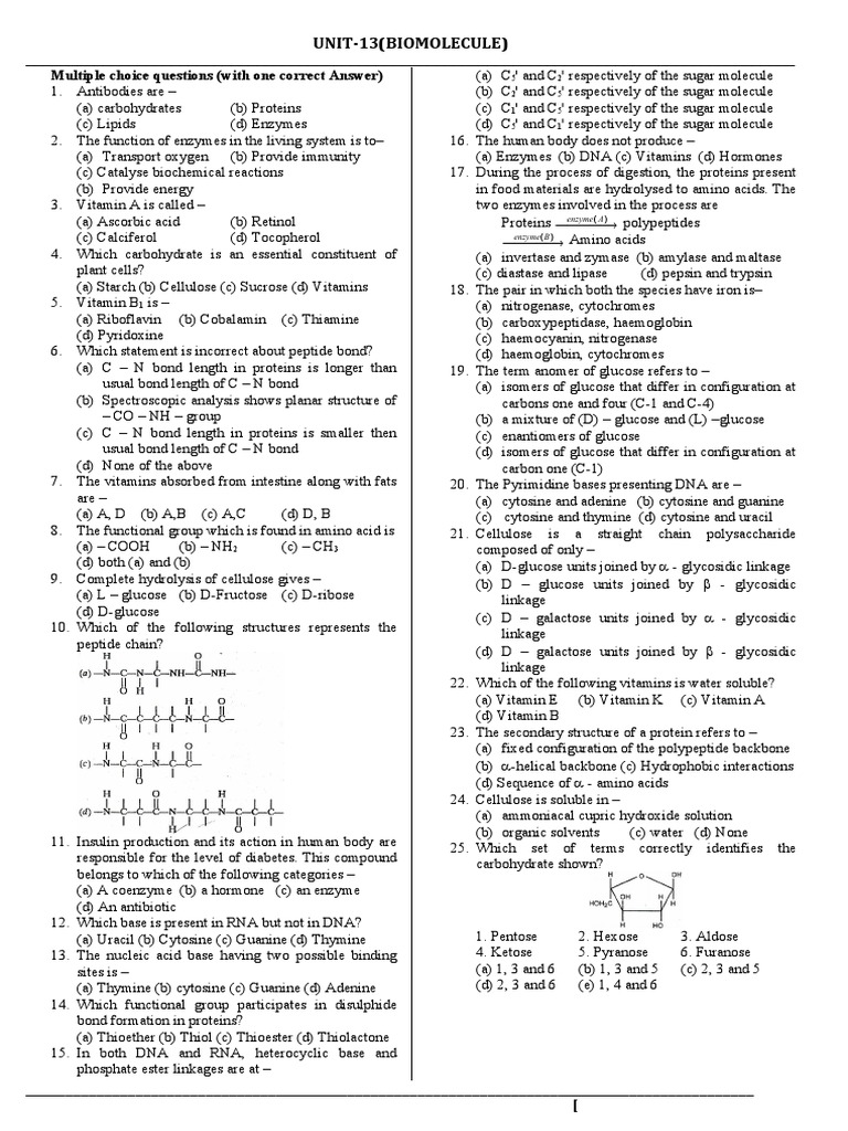 Biomolecule Multiple Choice Quiz | PDF | Glucose | Enzyme