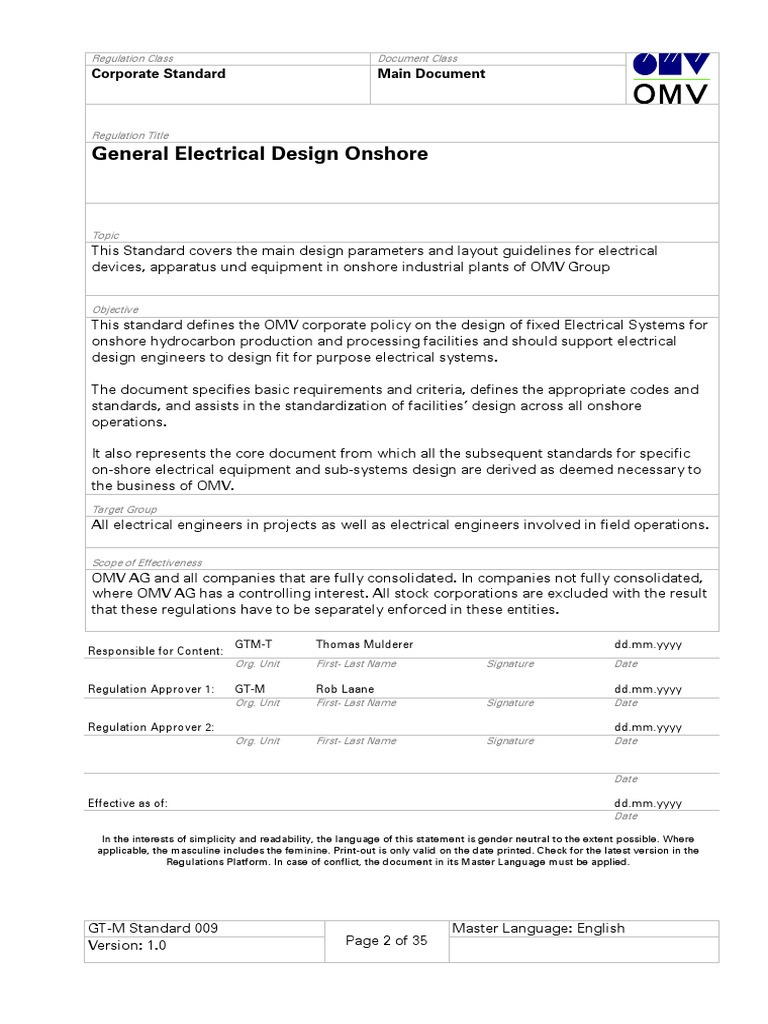 Engineering 0001 Standard For General Electrical Design - Onshore ...