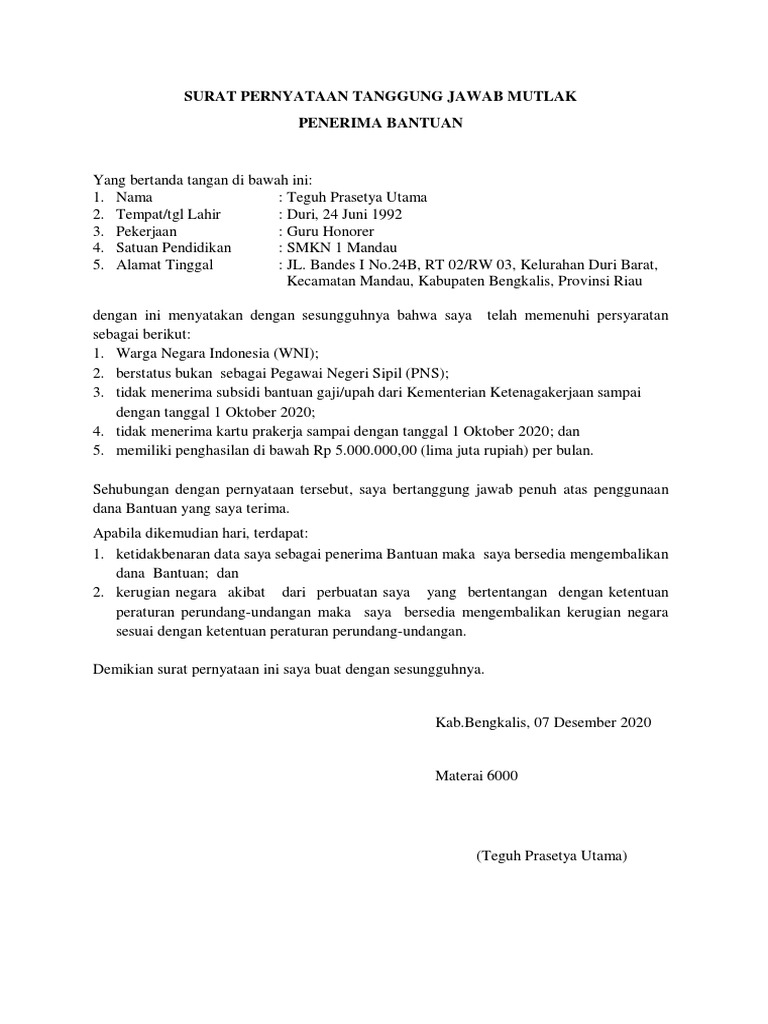 Surat Pernyataan Tanggung Jawab Mutlak SPTJM Bsu (Teguh Prasetya Utama, S.T) Terbaru | PDF