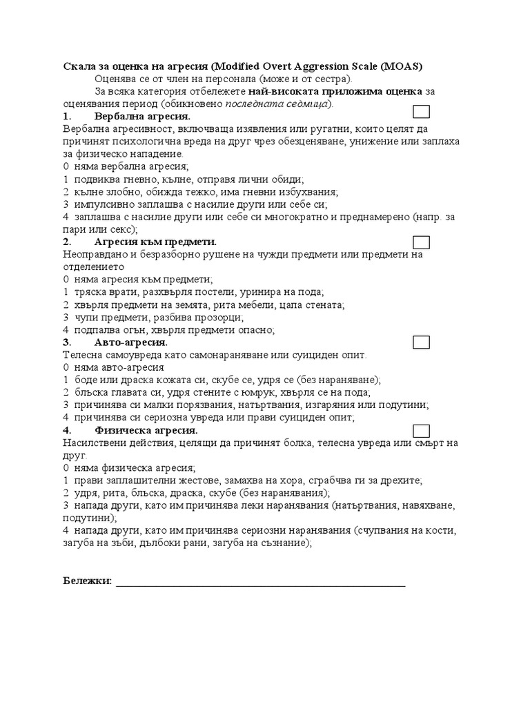 Modified Overt Aggression Scale MOAS | PDF
