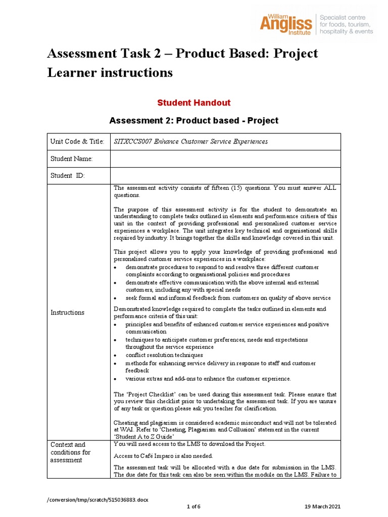 Assessment TasK - SITXCCS007 Product Based Project 2020 - v1 | PDF | Educational Assessment ...