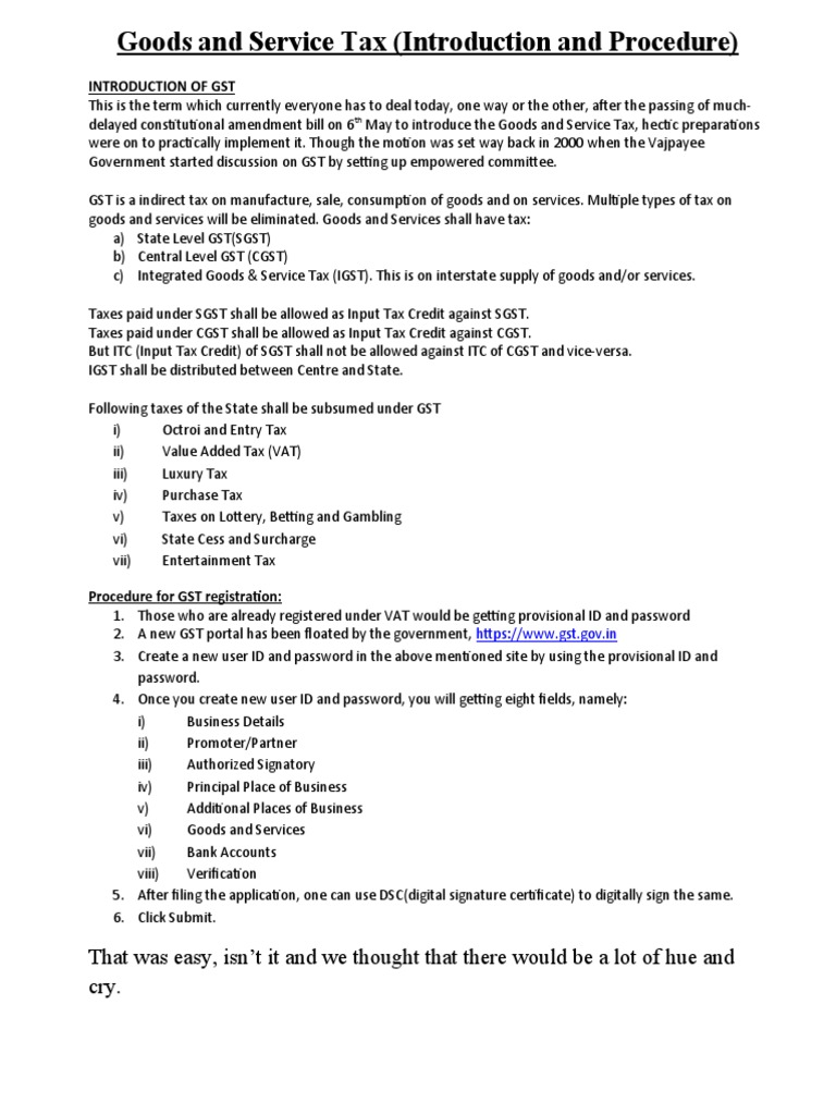 Goods and Service Tax (Introduction and Procedure) | PDF | Finance ...