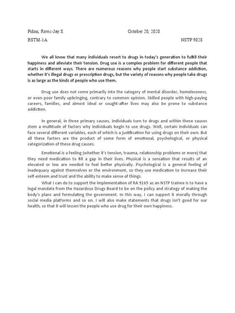 Reflection on Drug Use and Support Strategies | PDF | Self-Improvement