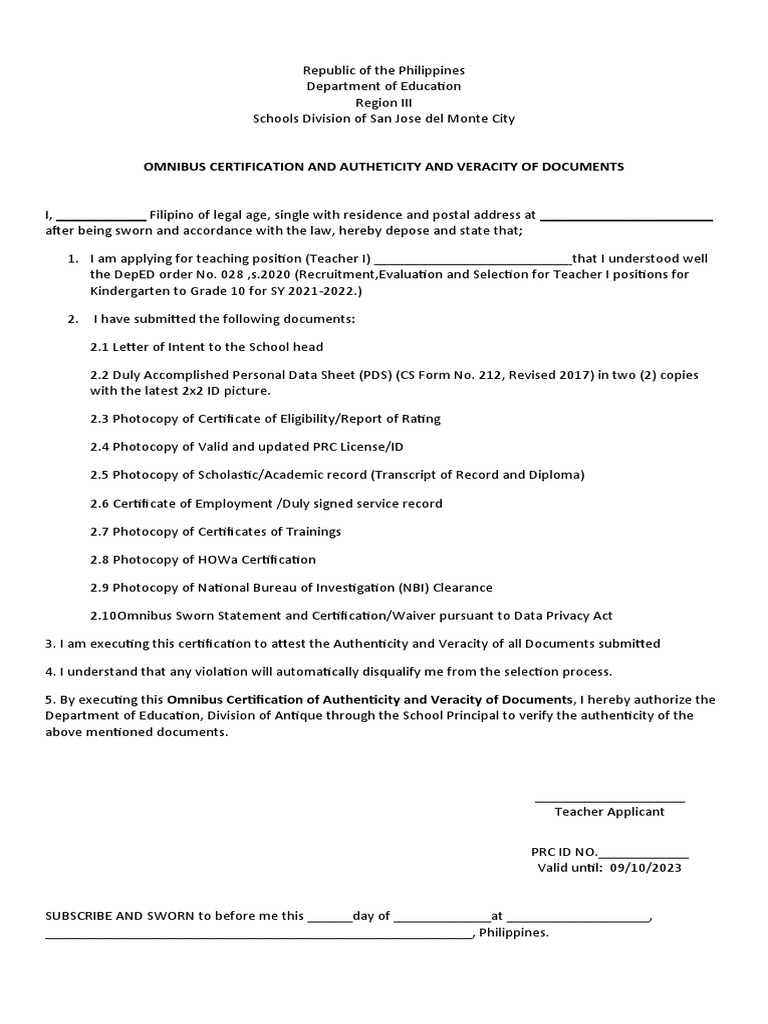 Omnibus Certification and Autheticity and Veracity of Documents | PDF ...