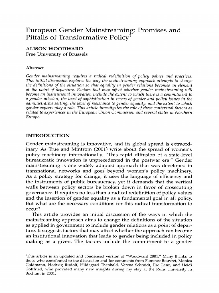 European Gender Mainstreaming: Promises and Pitfails of Transformative Policy' | PDF | Gender ...