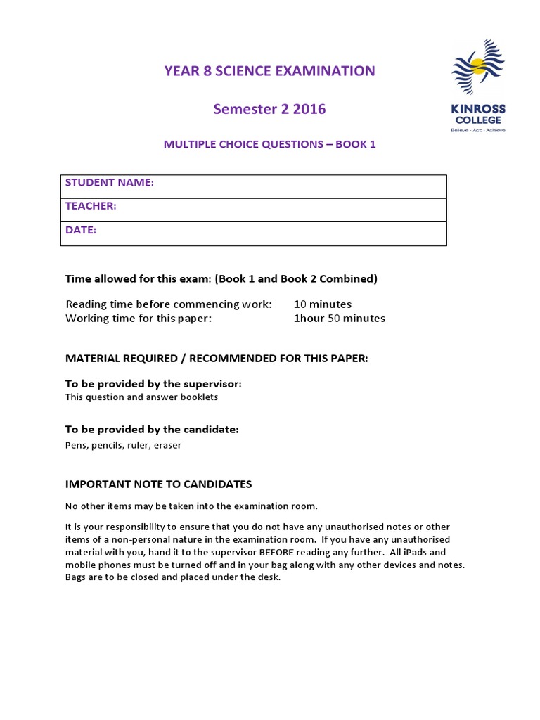 Year 8 Science Examination Semester 2 2016: Multiple Choice Questions ...