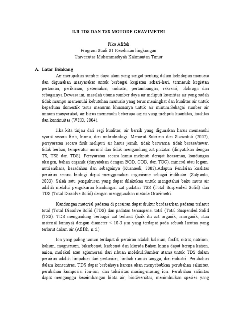 Uji Tds Dan Tss Motode Gravimetri (KL) | PDF