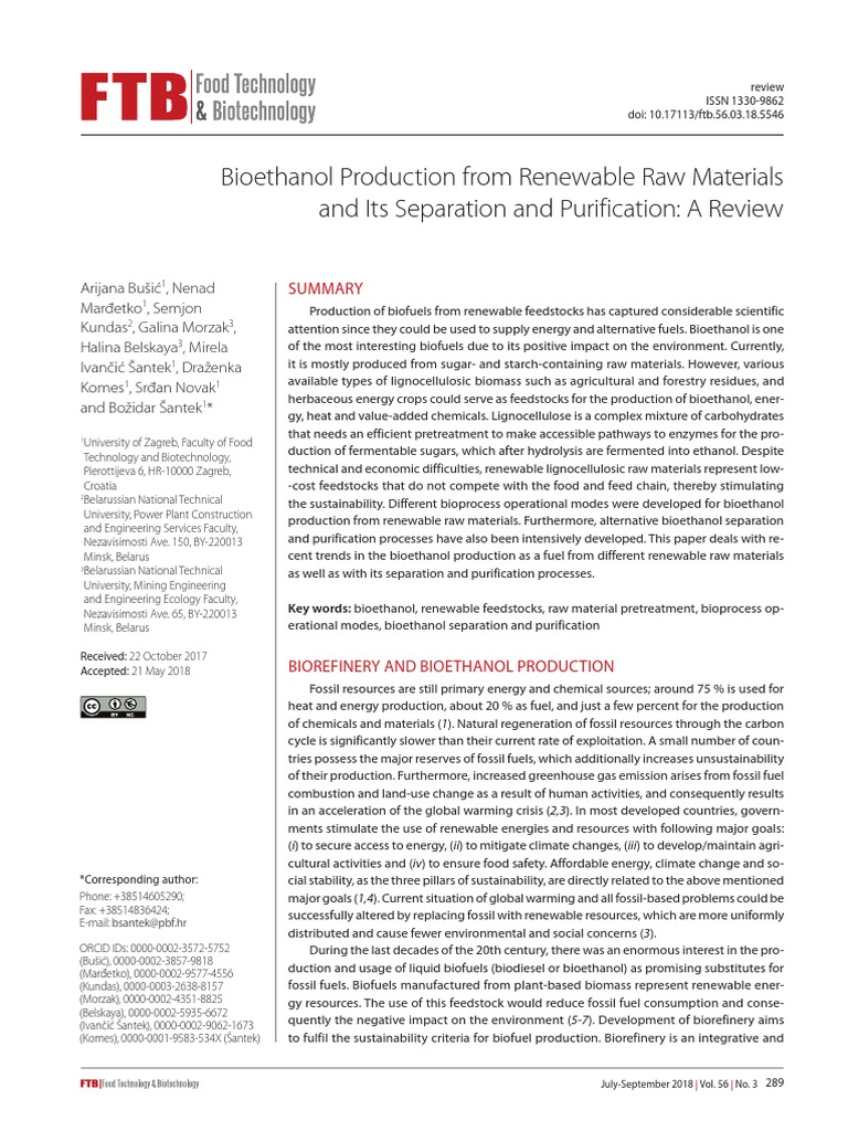 Bioethanol Production From Renewable Raw Materials and Its Separation ...