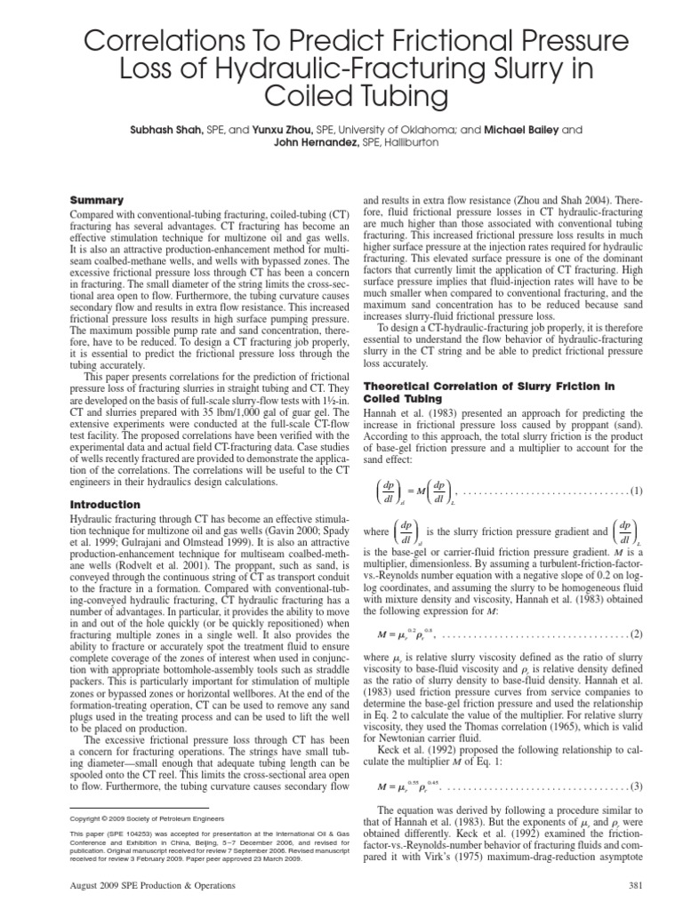 Correlations To Predict Frictional Pressure Loss of Hydraulic ...