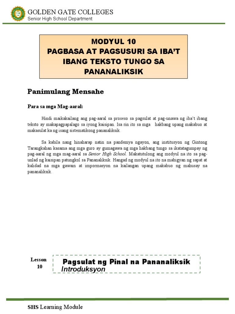 G12-M10-Pagbasa at Pagsusuri | PDF