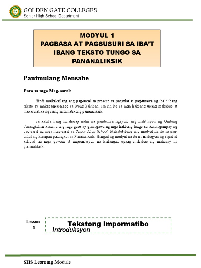 g12 m1 Pagbasa at Pagsusuri | PDF