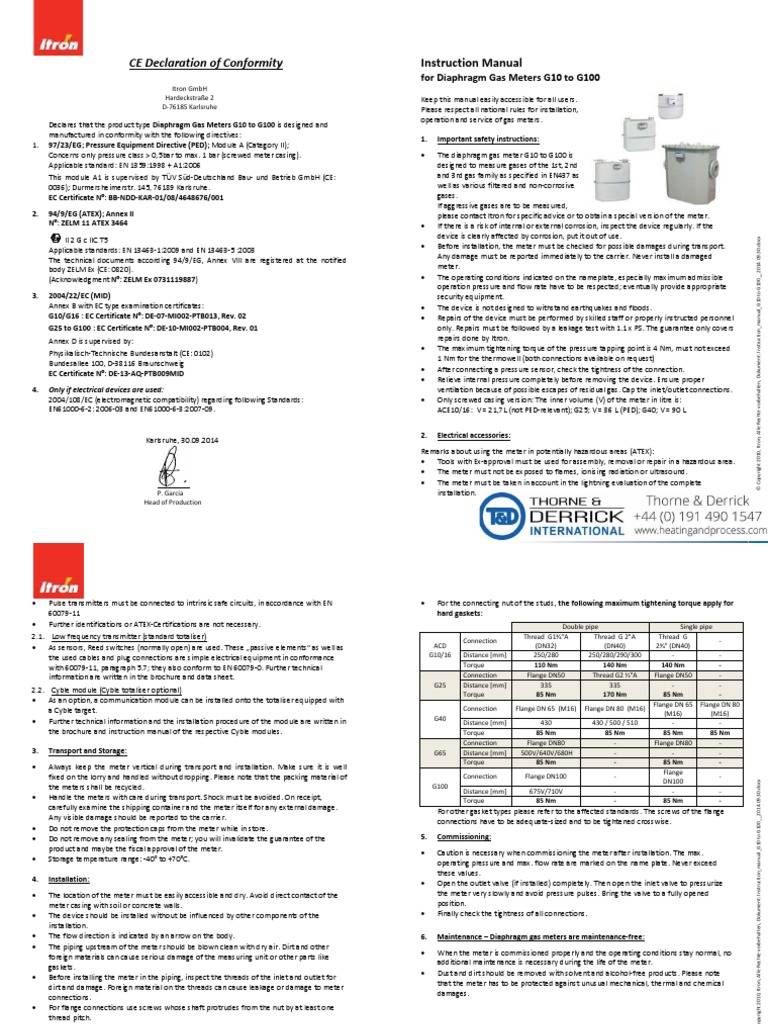 Itron Diaphragm Gas Meter ACD G65 G100 Installation Manual | PDF ...