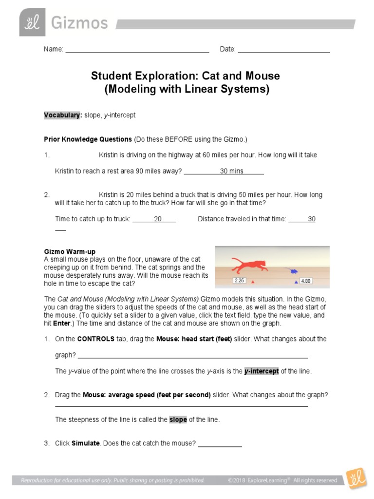 Student Exploration: Cat and Mouse (Modeling With Linear Systems ...