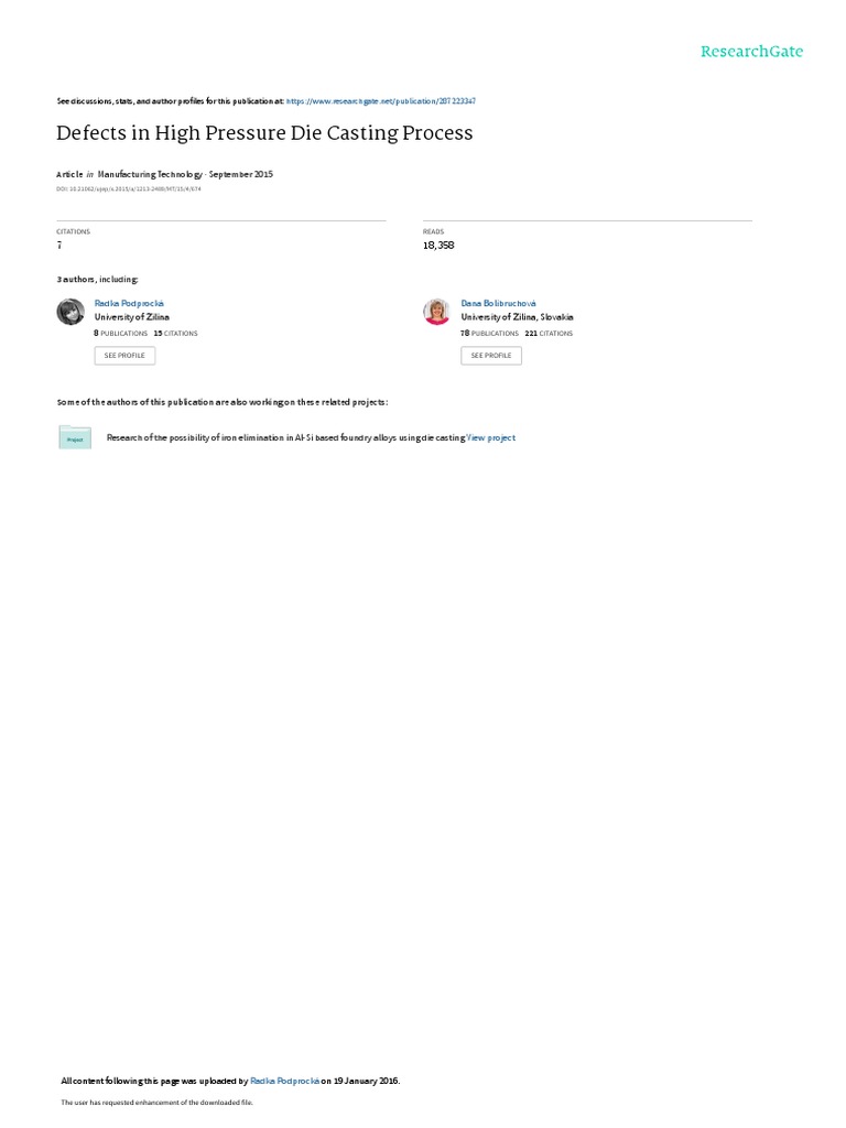 Defects in High Pressure Die Casting Process | PDF
