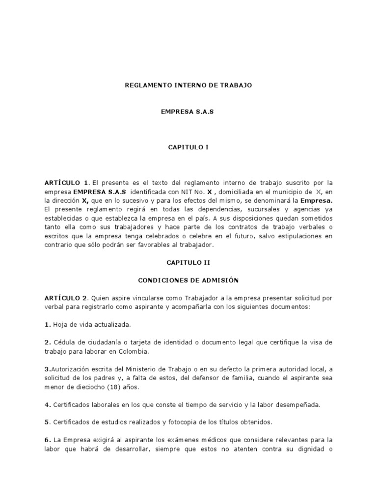 REGLAMENTO INTERNO DE TRABAJO Formato 2021 | PDF | Salario | Tiempo de trabajo