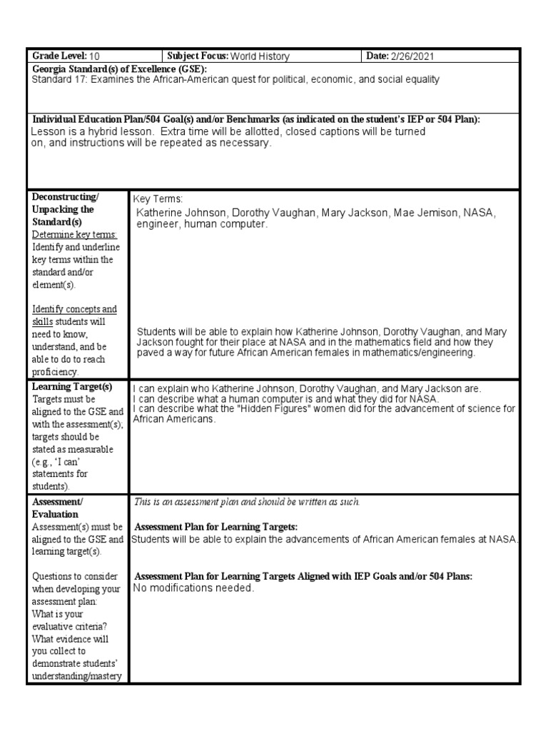 Hidden Figures Lesson | PDF | Hidden Figures | Individualized Education ...