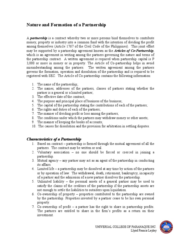 Nature and Formation of Partnership - 2021 | PDF | Partnership ...