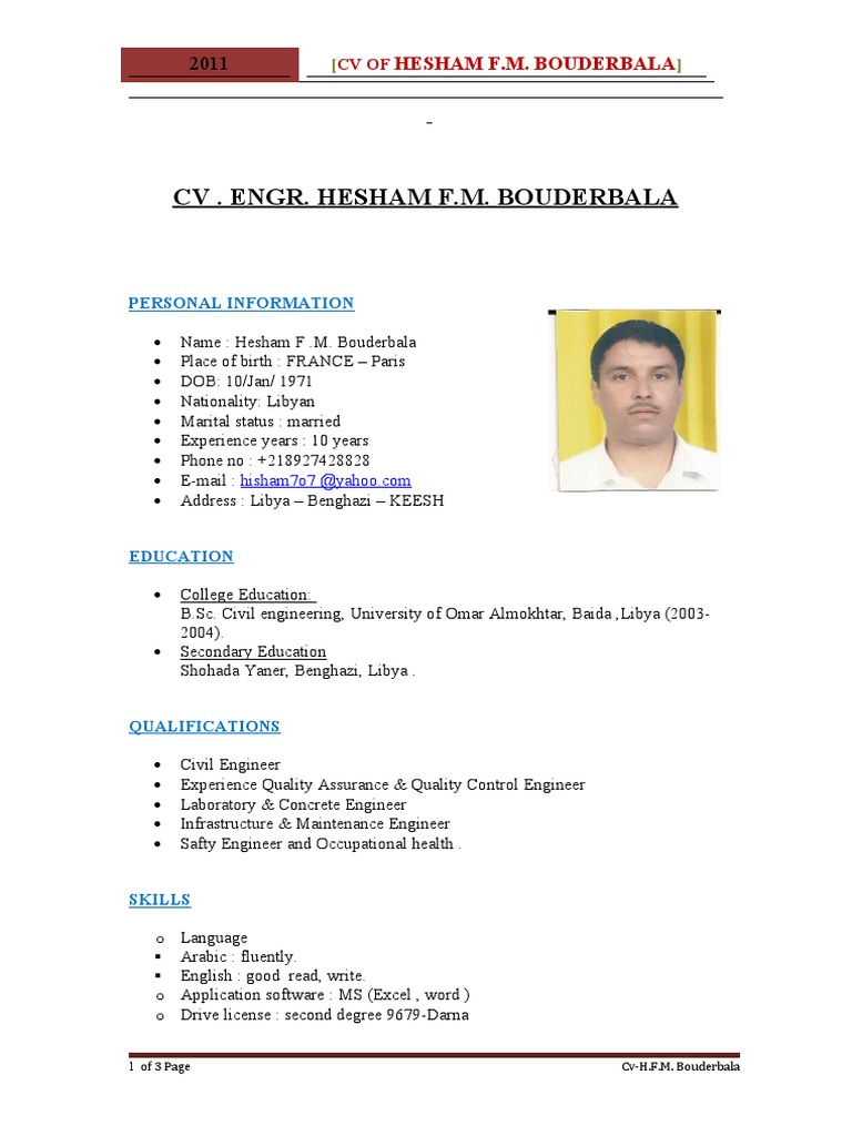 Cv Hesham 2012 جديد | PDF | Concrete | Civil Engineering