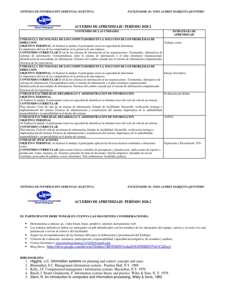 Sistemas de Información Gerencial 2020-2 | PDF | Planificación estratégica | Evaluación del ...