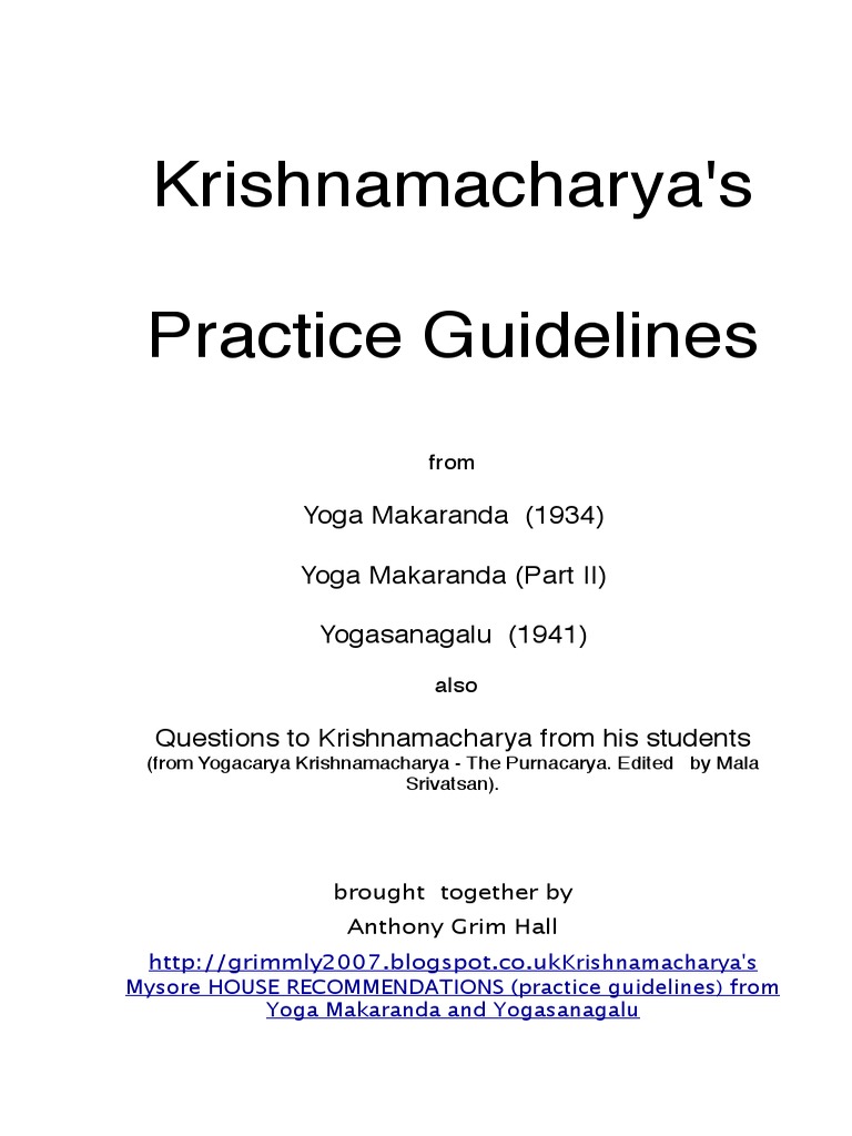 Krishnamacharya's Practice Guidelines: Yoga Makaranda (1934) Yoga ...