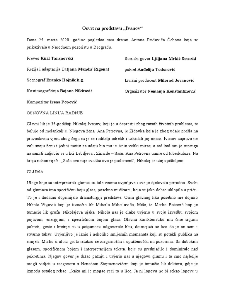 Osvrt Na Predstavu Ivanov | PDF
