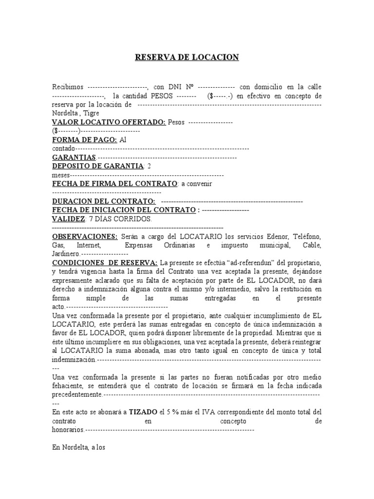 Reserva de Alquiler MODELO | PDF | Salario de emisión de contrato | Business