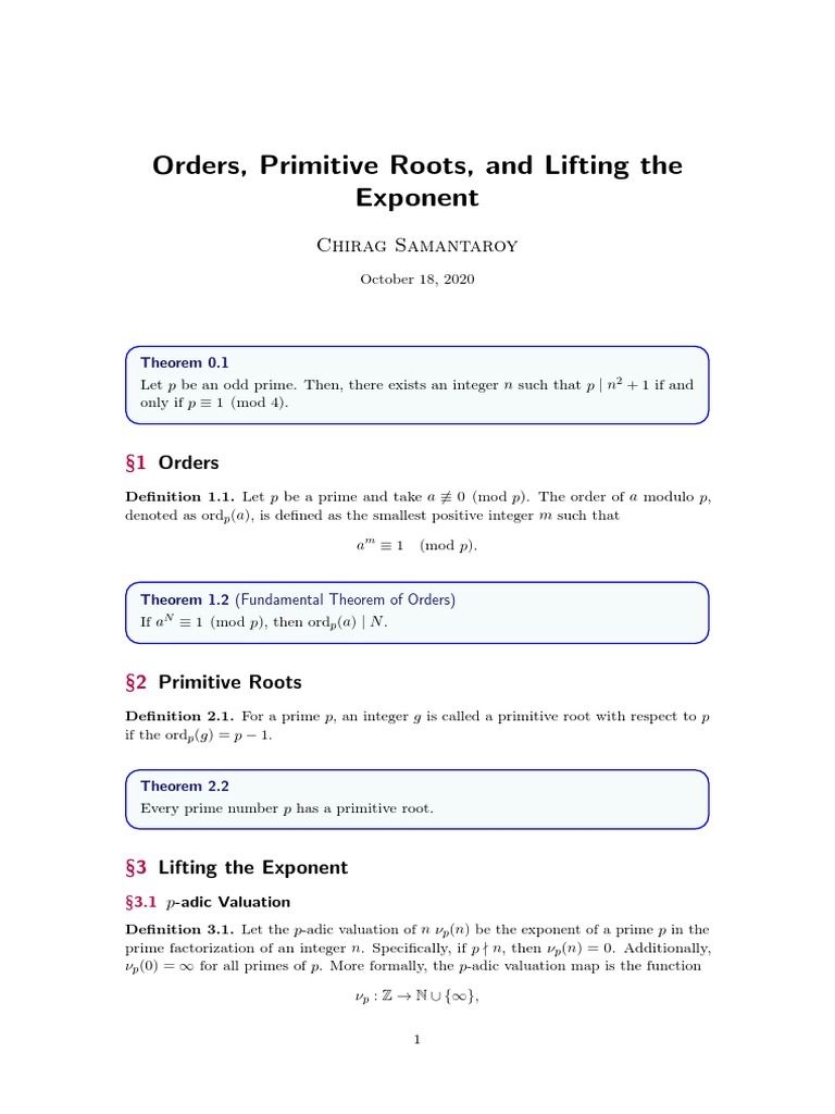 Orders, Primitive Roots, and Lifting the Exponent: Theorems and ...