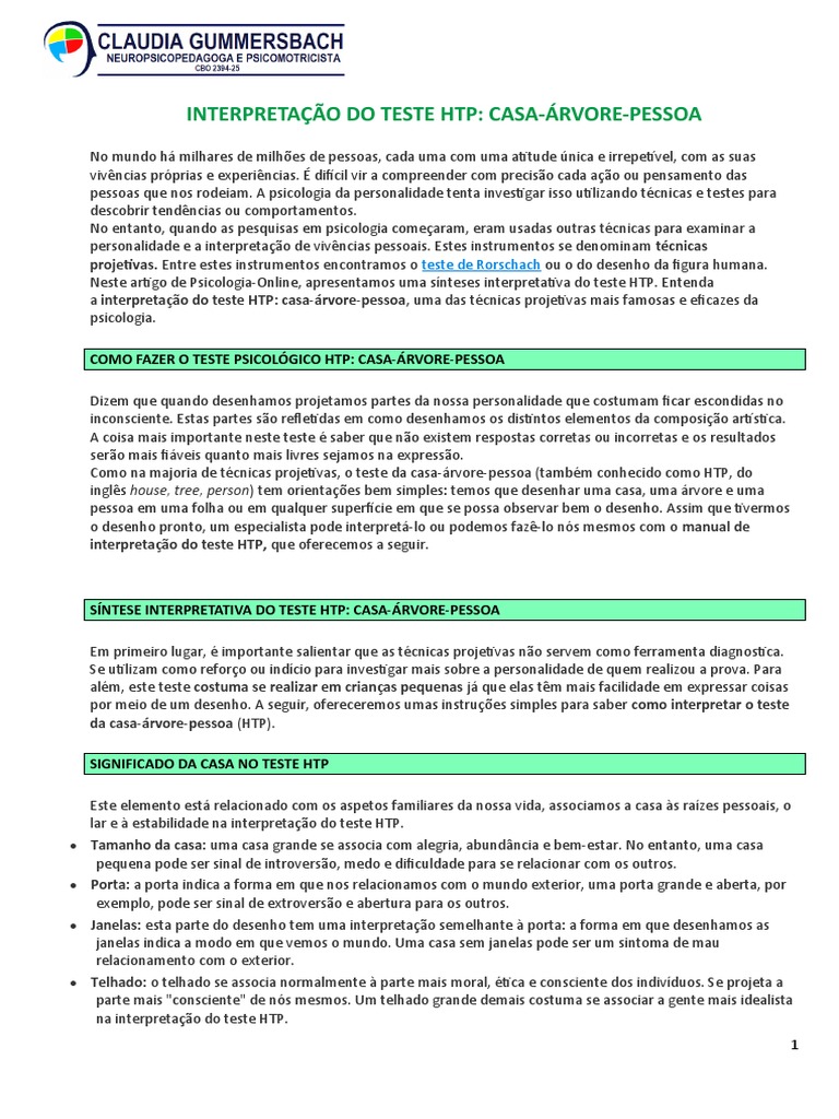 Interpretação Do Teste HTP - Casa-Árvore-Pessoa | PDF | Arteterapia ...