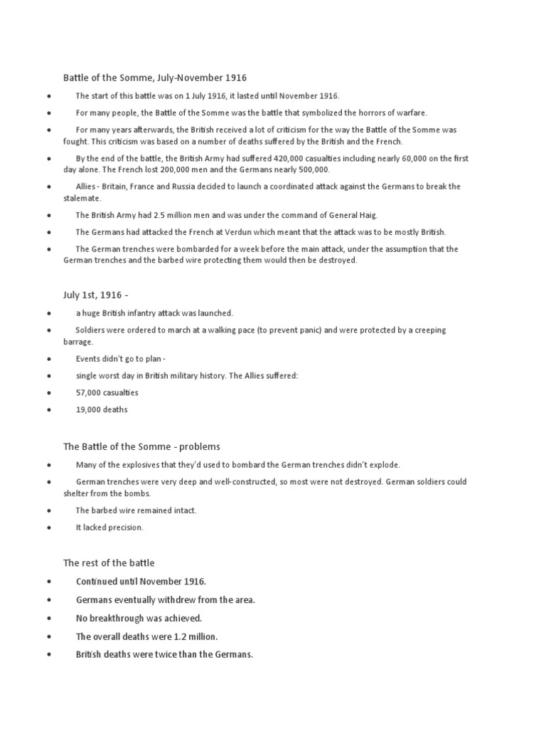 Battle of The Somme Revision | PDF | Battle Of The Somme | Trench Warfare