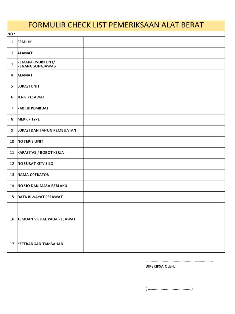 Formulir Checklist Alat Berat | PDF | Teknologi & Rekayasa