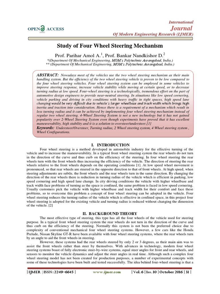 Study of Four Wheel Steering Mechanism: Journal | PDF | Steering | Vehicles