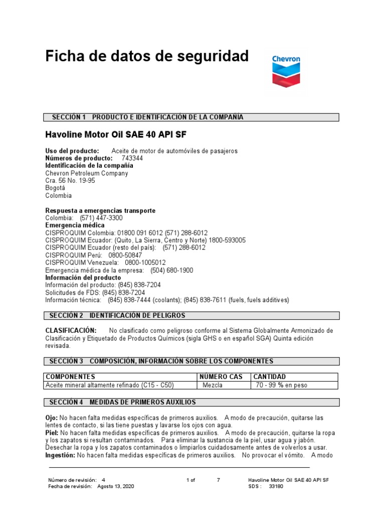 Msds-Aceite de Motor Sae 40 | PDF | Contaminación | Combustión