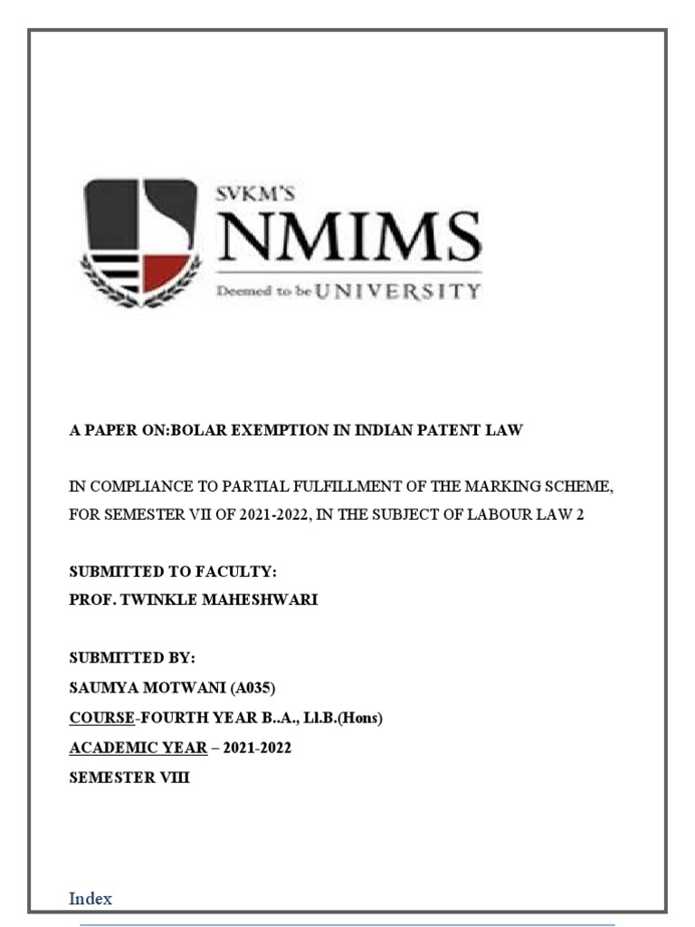 Saumya Motwani - A035 - Bolar Exemption | PDF | Generic Drug | Patent