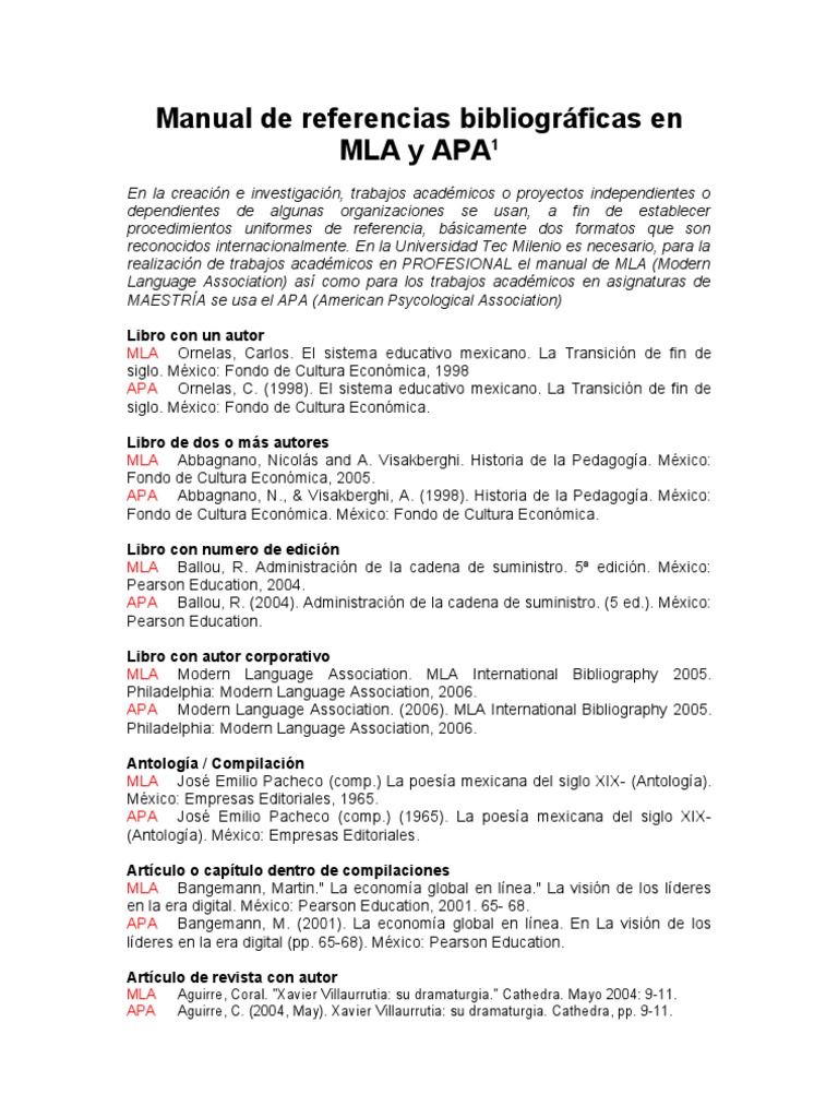 Manual de Referencias Bibliográficas en MLA y APA1 | PDF | México ...