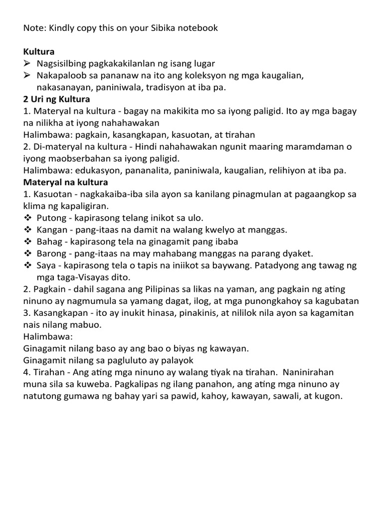 Sibika Notes Kultura | PDF