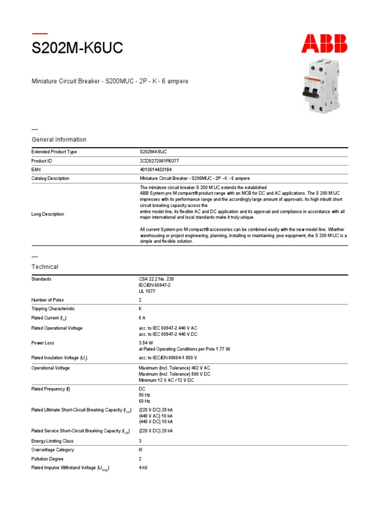 S202M-K6UC: Miniature Circuit Breaker - S200MUC - 2P - K - 6 Ampere | PDF | Alternating Current ...