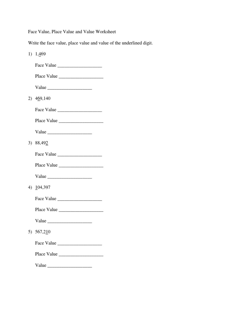 Face and Place Value Worksheet | PDF