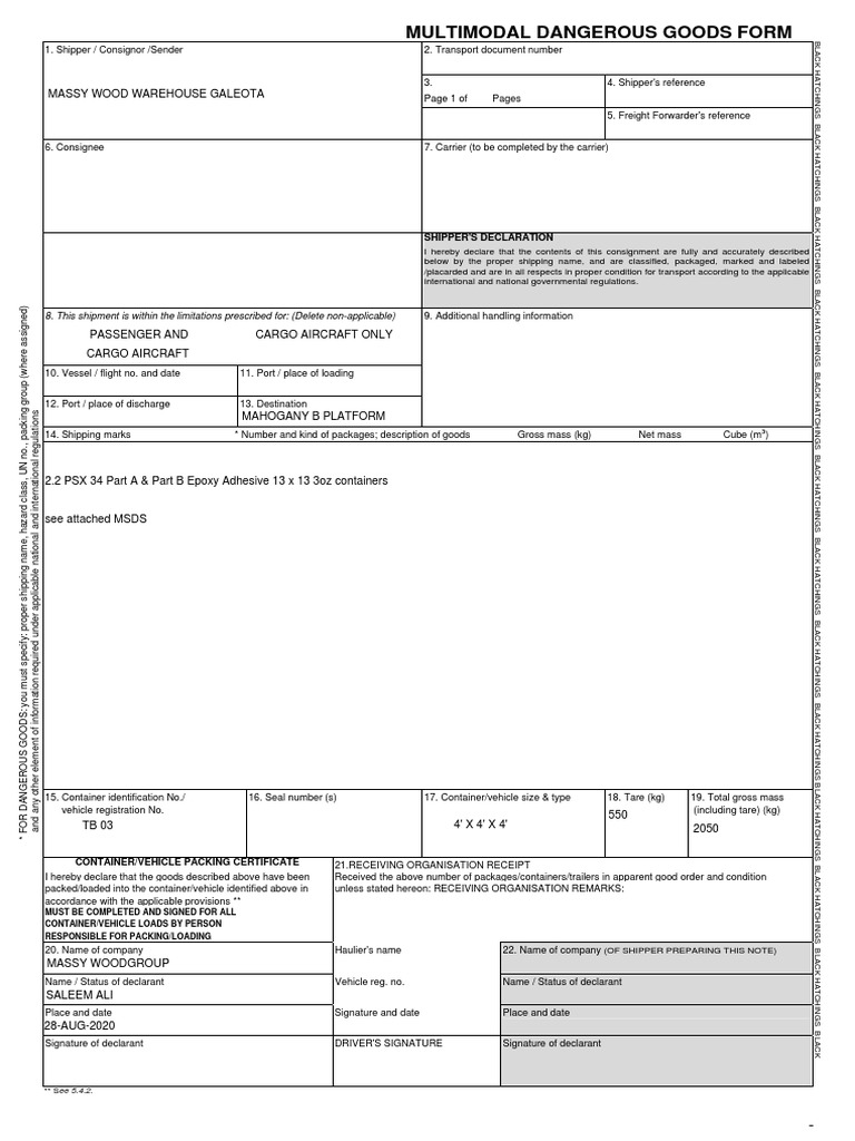 BPTT Dangerous Goods Form 2020 | PDF | Dangerous Goods | Cargo
