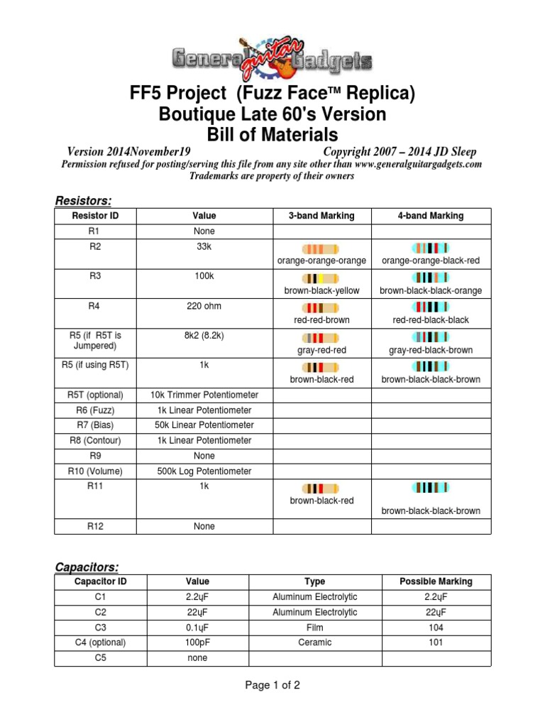 FF5 Project (Fuzz Face Replica) Boutique Late 60's Version Bill of Materials | PDF | Electrical ...